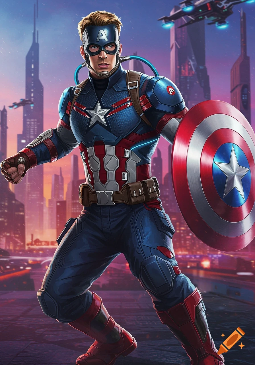 Captain America in a futuristic suit stands in a city street holding ...