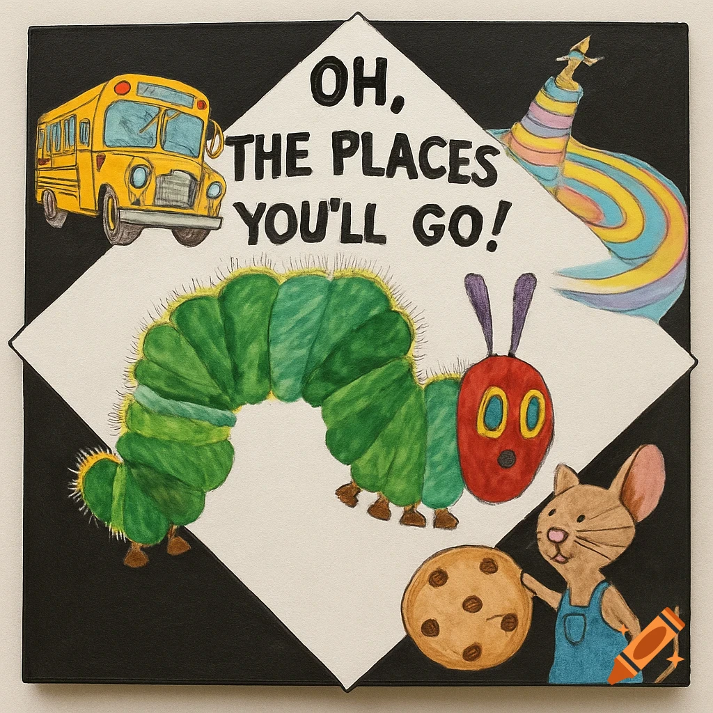 A grad cap design featuring the Very Hungry Caterpillar, a mouse with a ...