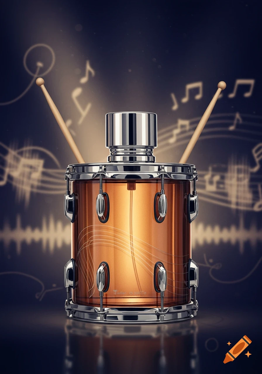 A photorealistic perfume bottle designed like a snare drum with ...