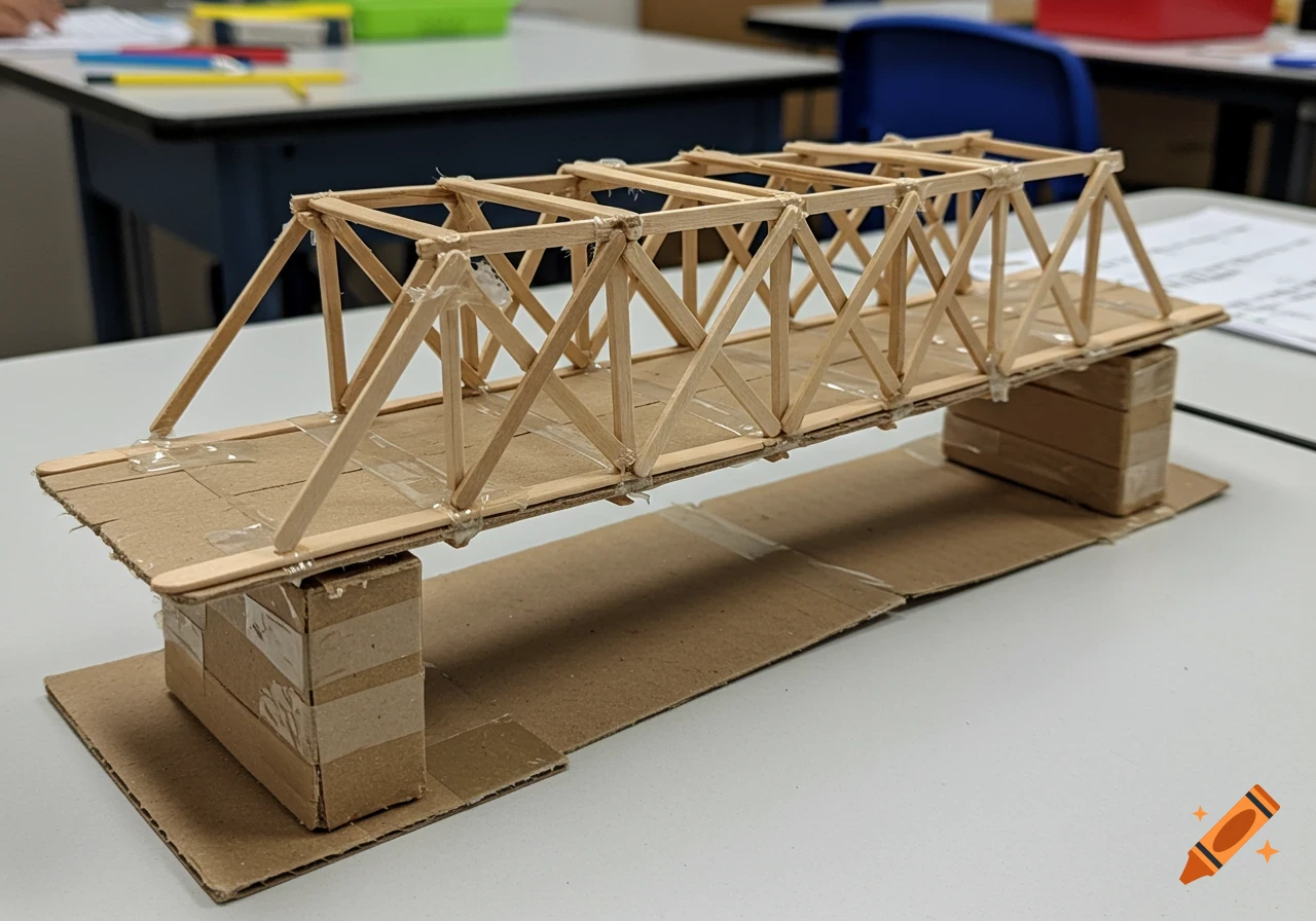 Handmade model bridge built from craft sticks and cardboard on a ...