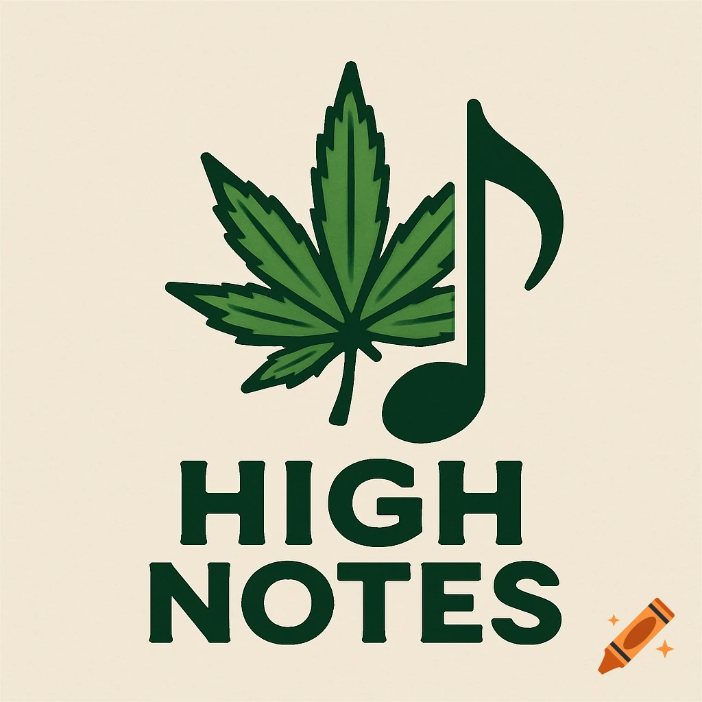 Icon with a marijuana leaf and a musical note above the text HIGH NOTES ...