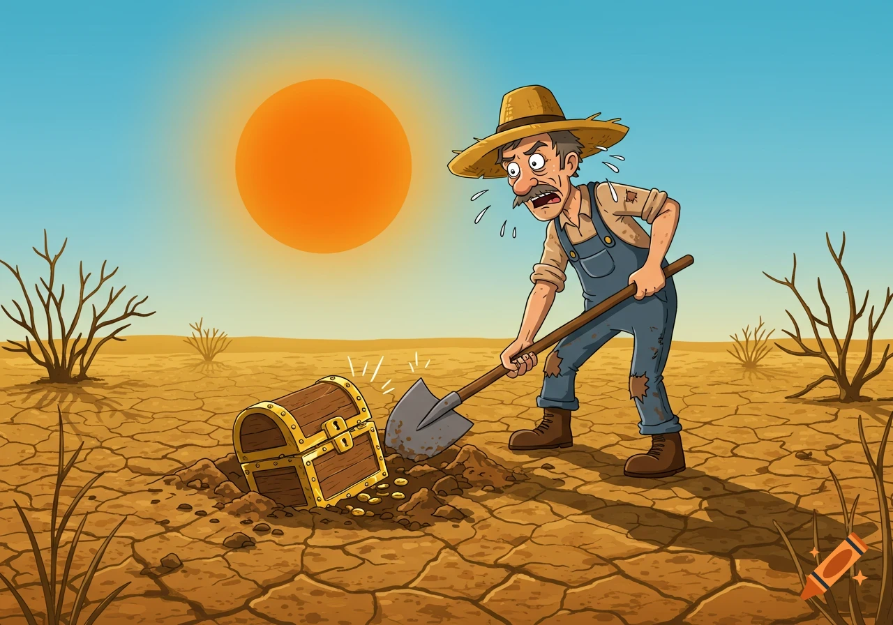Cartoon illustration of a farmer digging up a treasure chest in dry cracked land under a hot sun ...