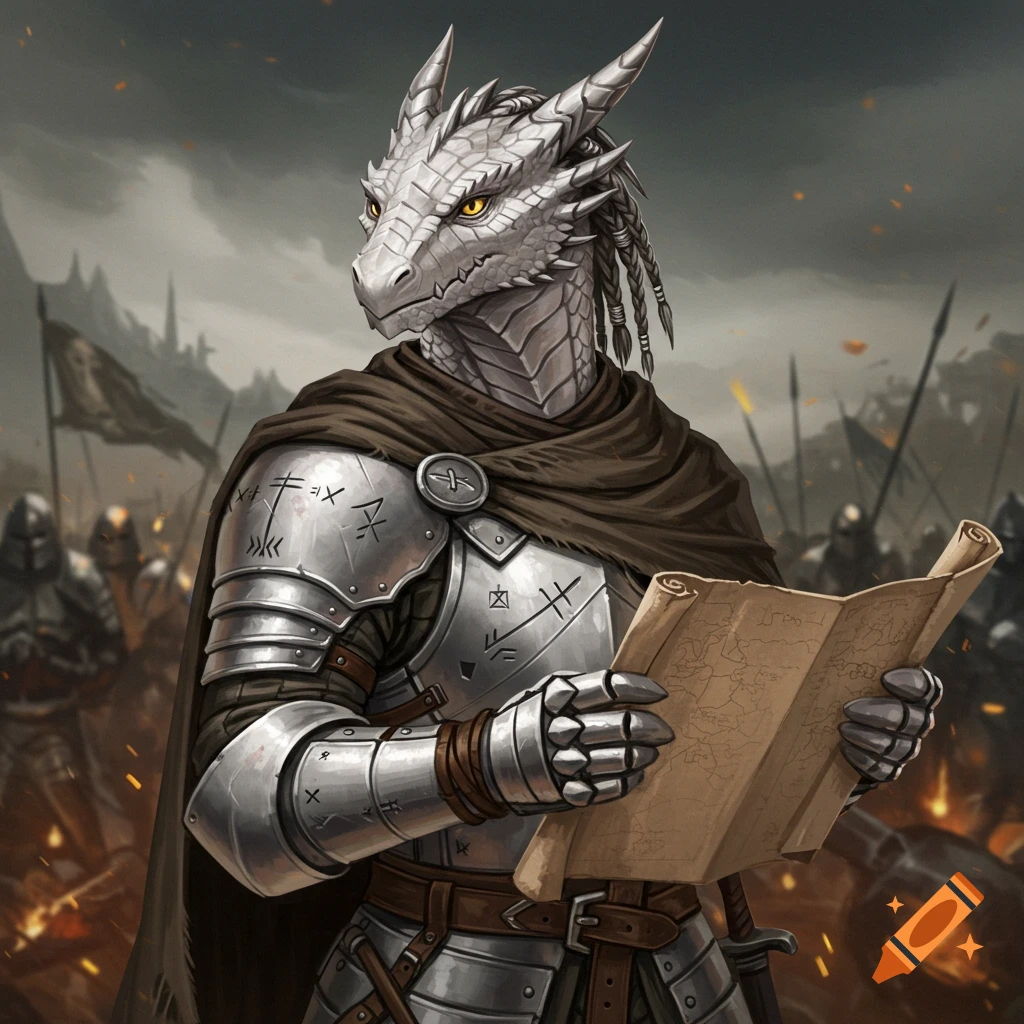 A white dragonborn in metal armor reads a map on a battlefield. on Craiyon
