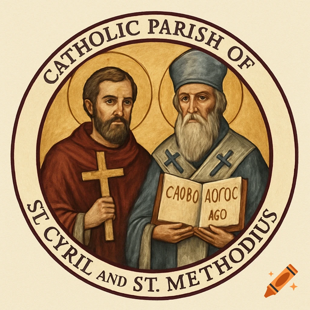 Circular logo icon of two saints, St. Cyril and St. Methodius, holding ...