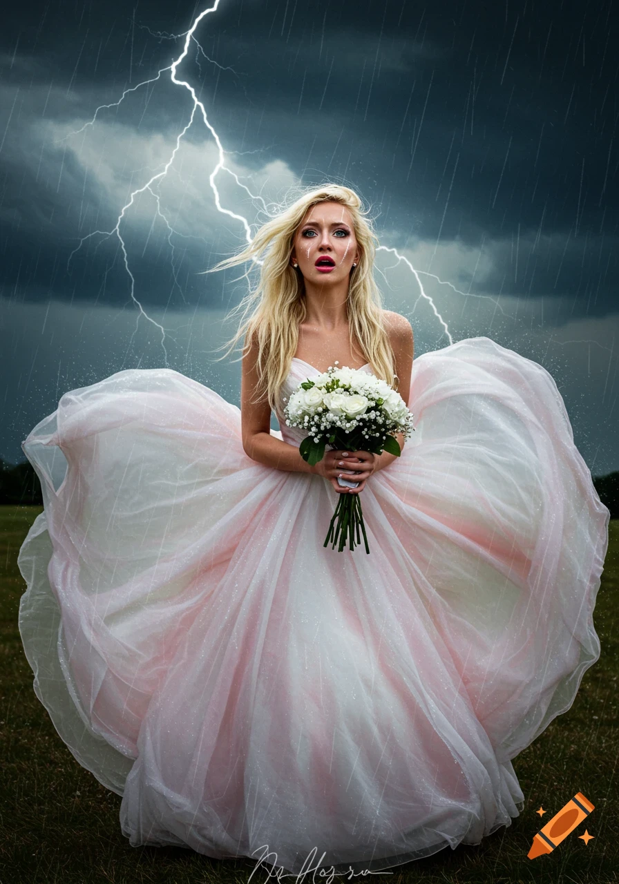 Scared blonde bride in pink and white dress holds bouquet during ...