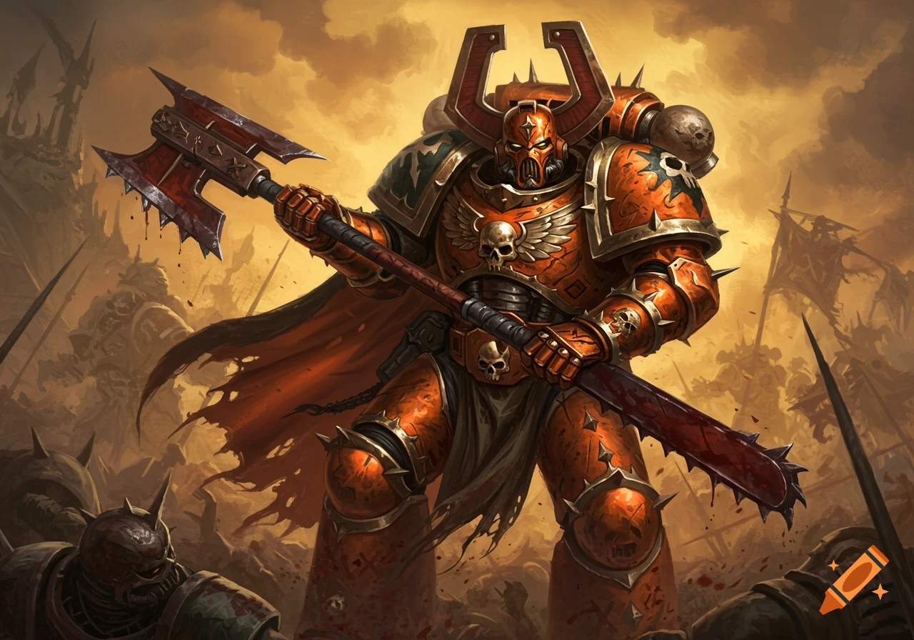 A Warhammer 40k Khorne Bezerker in orange armor stands in a battlefield holding a chainaxe. on ...