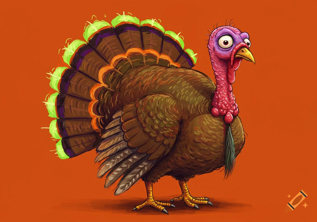 A cartoonish, stylized turkey with wide eyes and colorful green and ...
