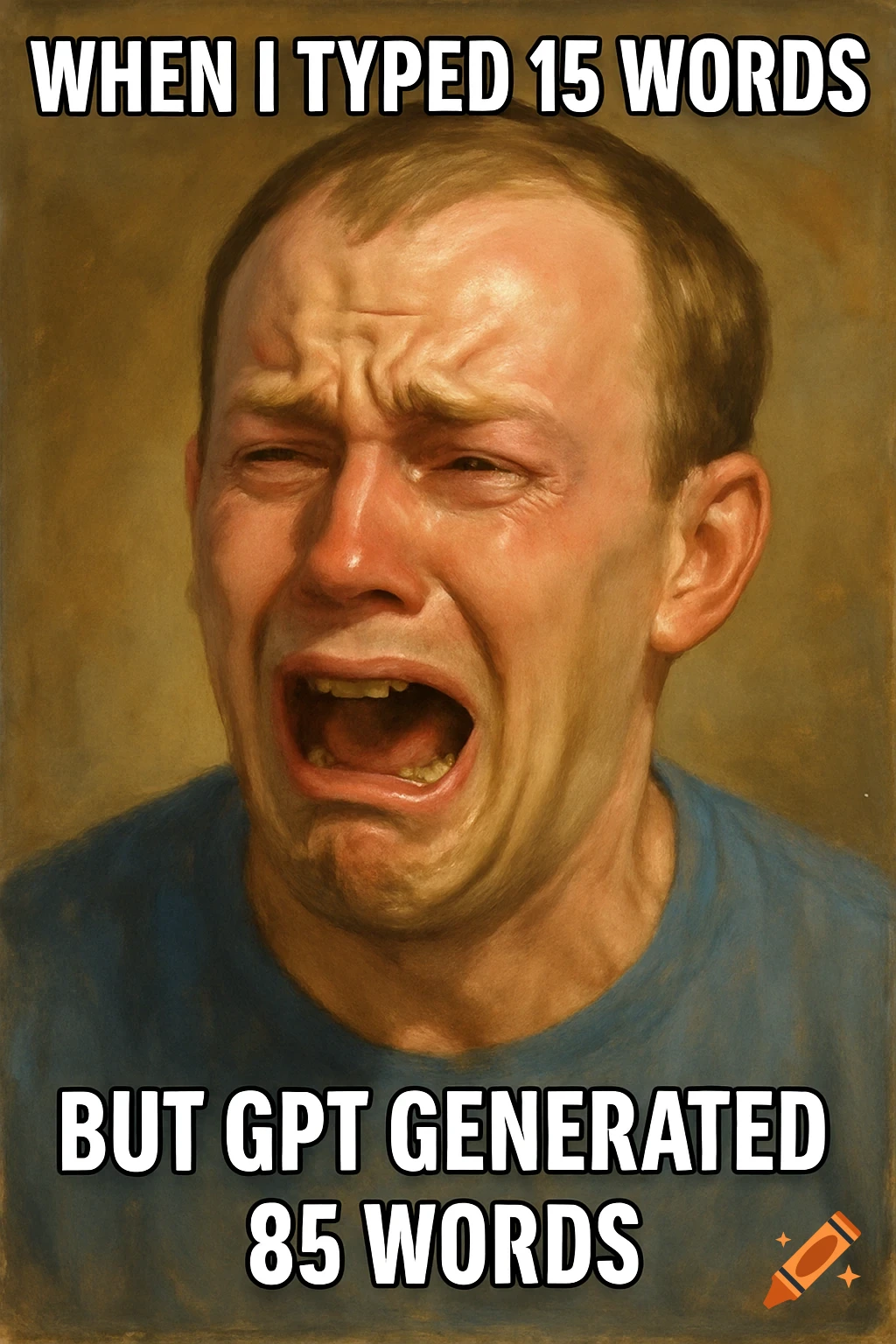 Painting of a man crying intensely, overlaid with meme text about GPT ...