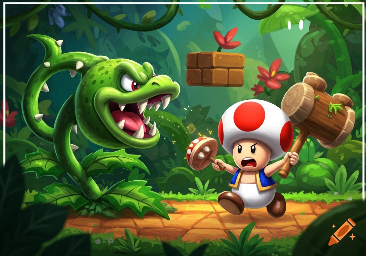 Toad fighting a Piranha Plant in a jungle environment, illustrated in a ...
