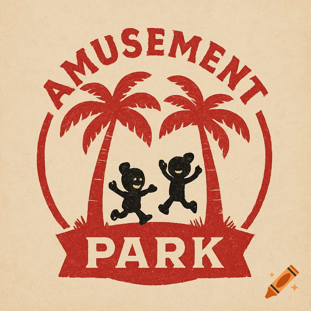 Vintage style amusement park logo with red text, palm trees, and two ...