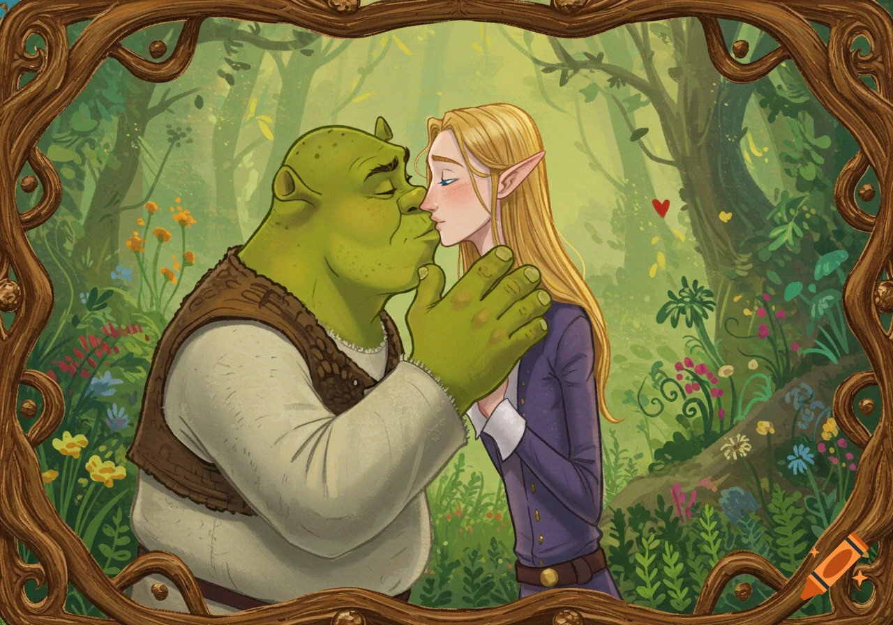 Shrek kisses a blonde woman with elf ears in an illustrated forest ...
