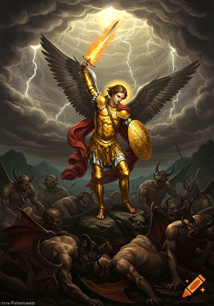Archangel Michael in golden armor with fiery sword battles demons under ...