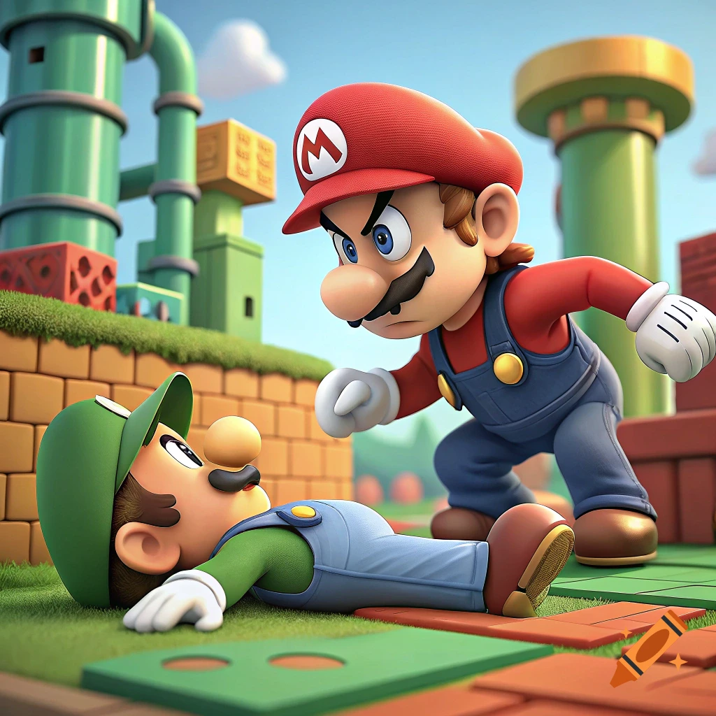 Angry Mario stands over a defeated Luigi in a Super Mario world. on Craiyon