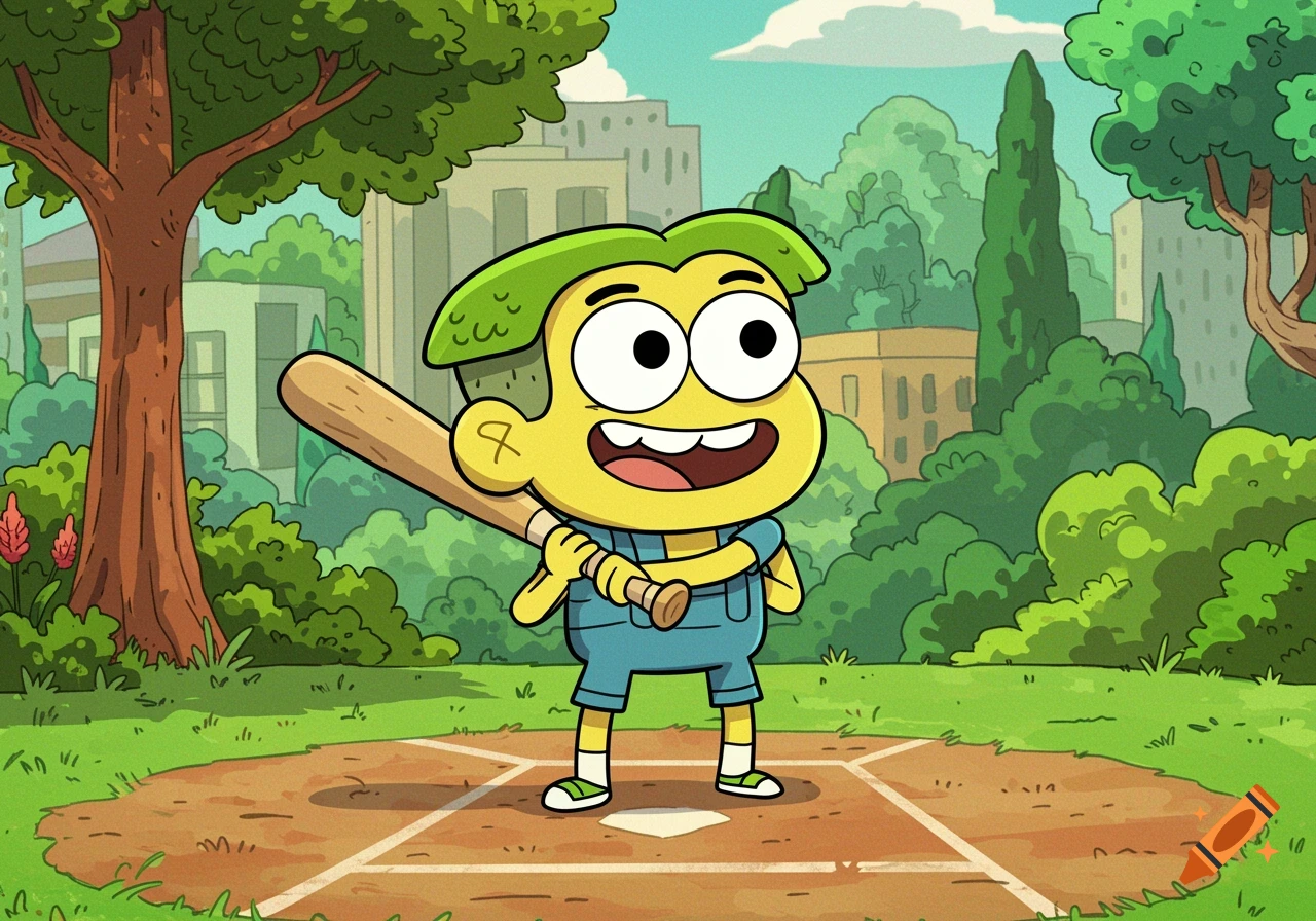 Cricket Green from Big City Greens stands on a baseball field holding a ...