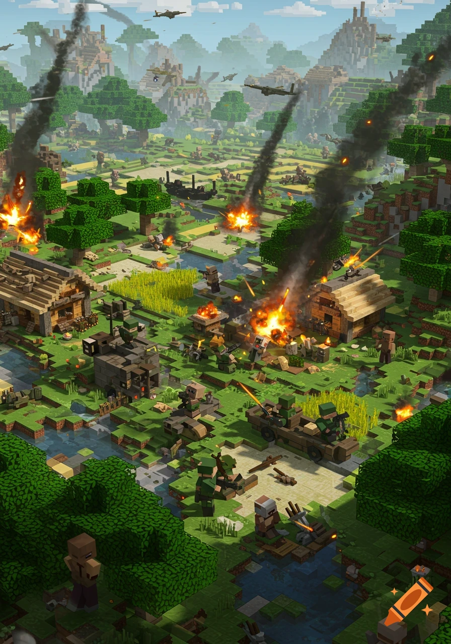 A pixelated war scene in the style of Minecraft, featuring blocky ...