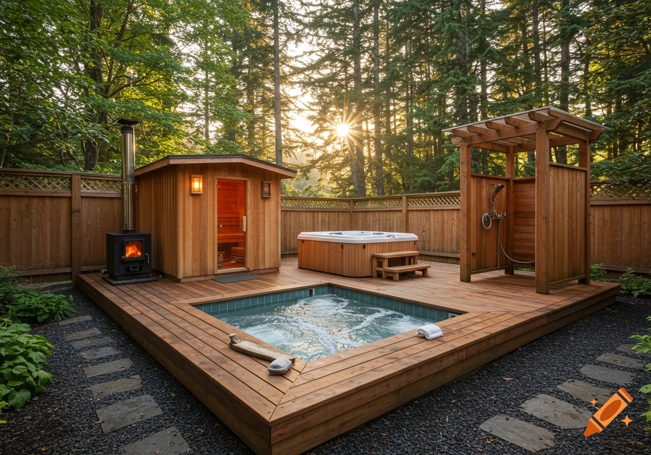 Backyard deck with wood stove sauna, hot tub, cold plunge pool, and ...