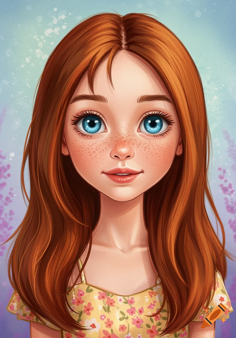 Stylized portrait of a young girl with brown hair, blue eyes, and freckles wearing a floral ...