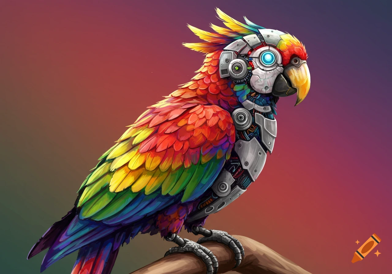 A vibrant, colorful cyborg parrot perches on a branch, digital ...