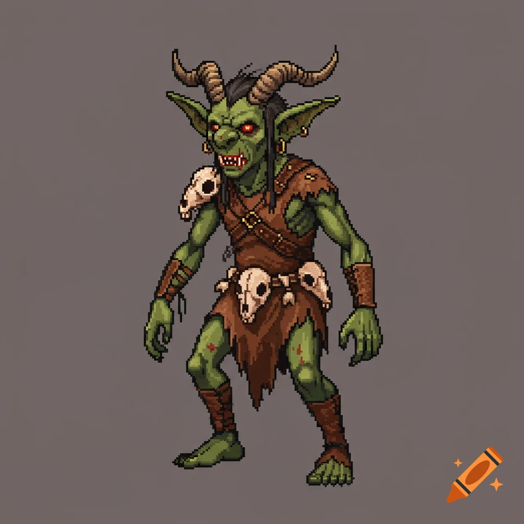 Pixel art full body sprite of a green goblin with horns, red eyes, and ...