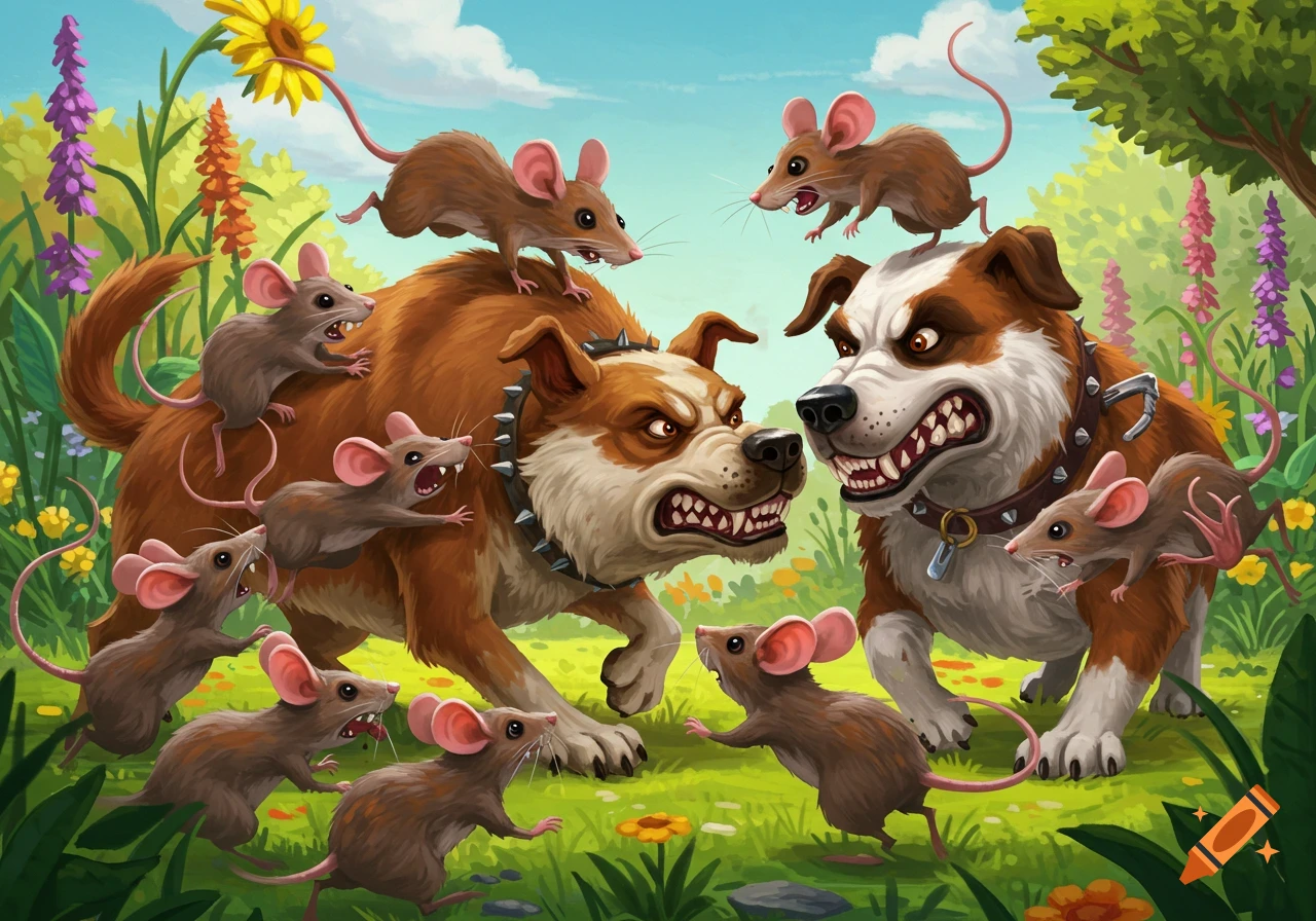 Cartoon illustration of two angry dogs facing off against many mice in ...