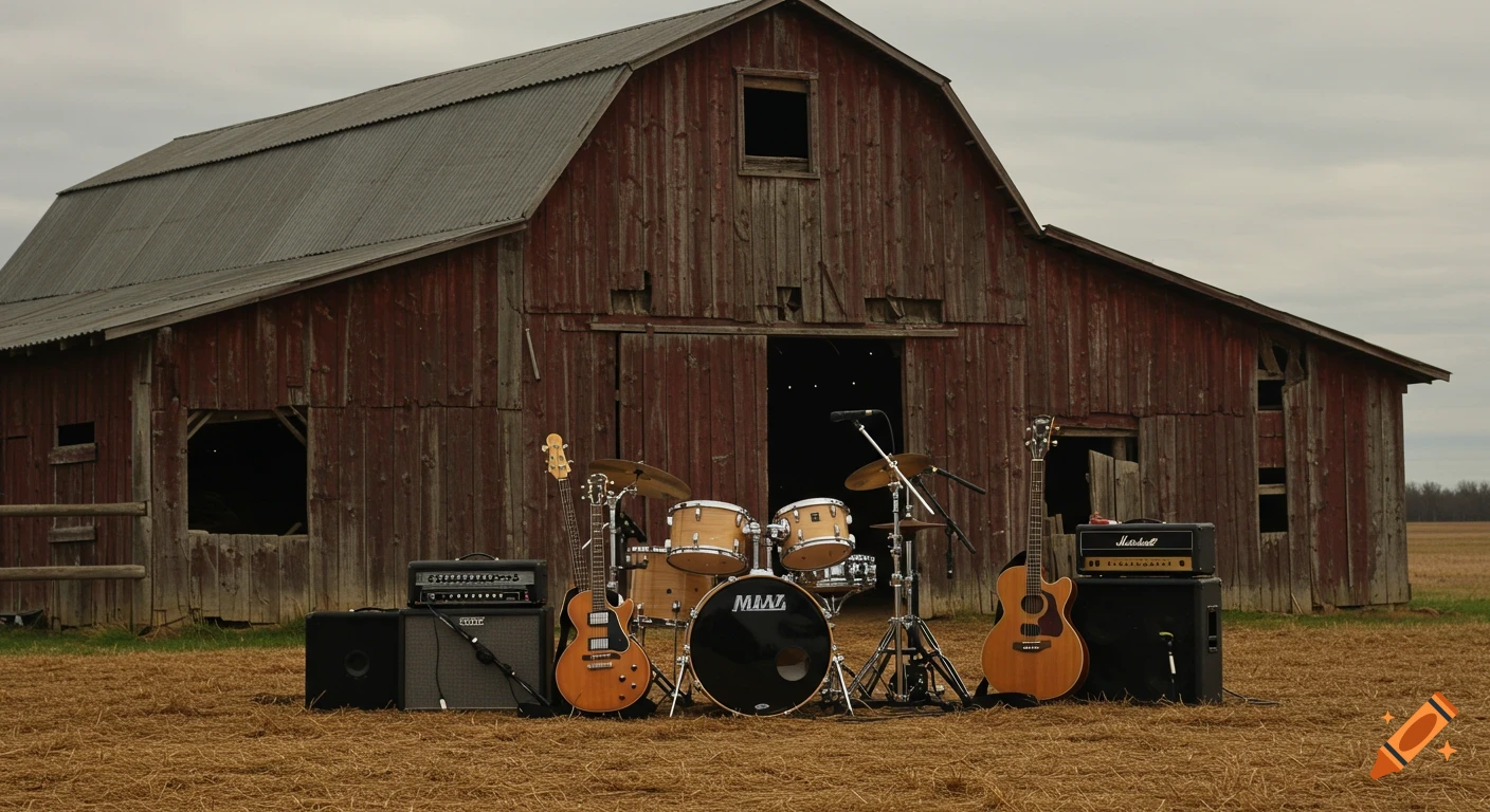 Musical instruments set up in a field in front of a red barn. on Craiyon