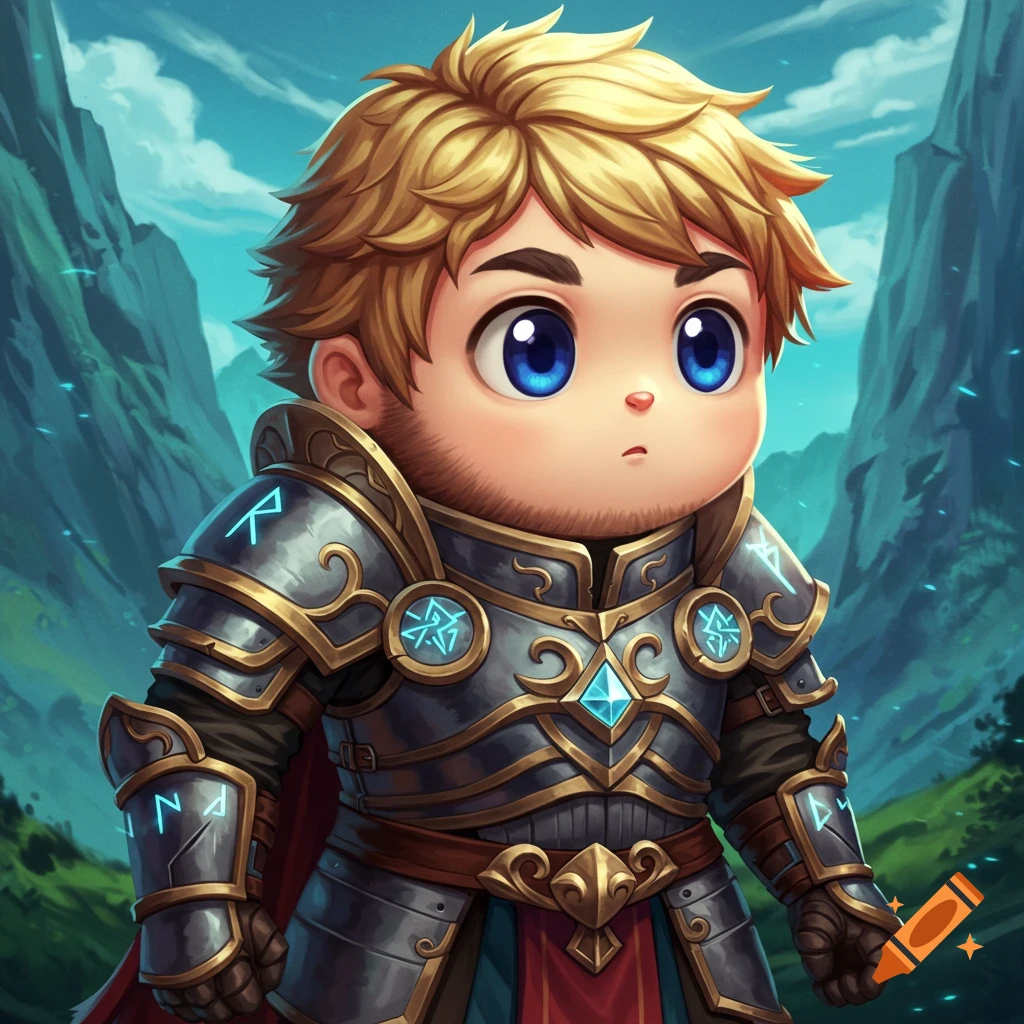 Cute chibi-style character in detailed fantasy armor stands in a ...