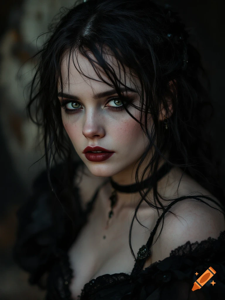 Close-up portrait of a woman with dark hair and green eyes wearing gothic attire. on Craiyon