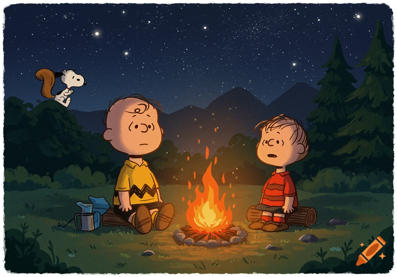 Cartoon illustration of Charlie Brown and Linus sitting by a campfire ...