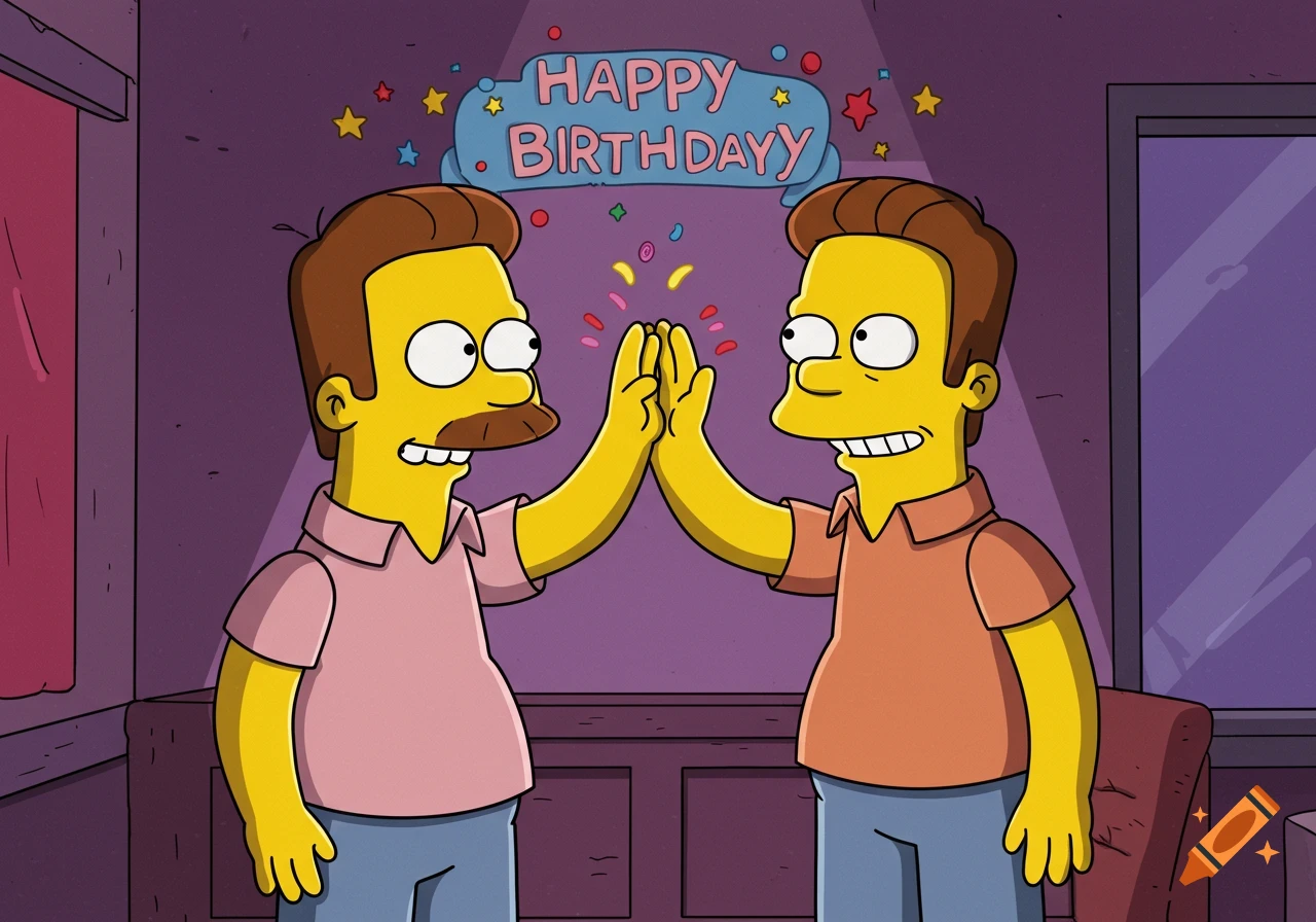Two cartoon characters resembling Ned Flanders high five under a Happy ...