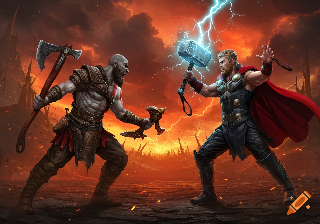 Kratos battles Thor in a stylized illustration set in a fiery, rocky ...