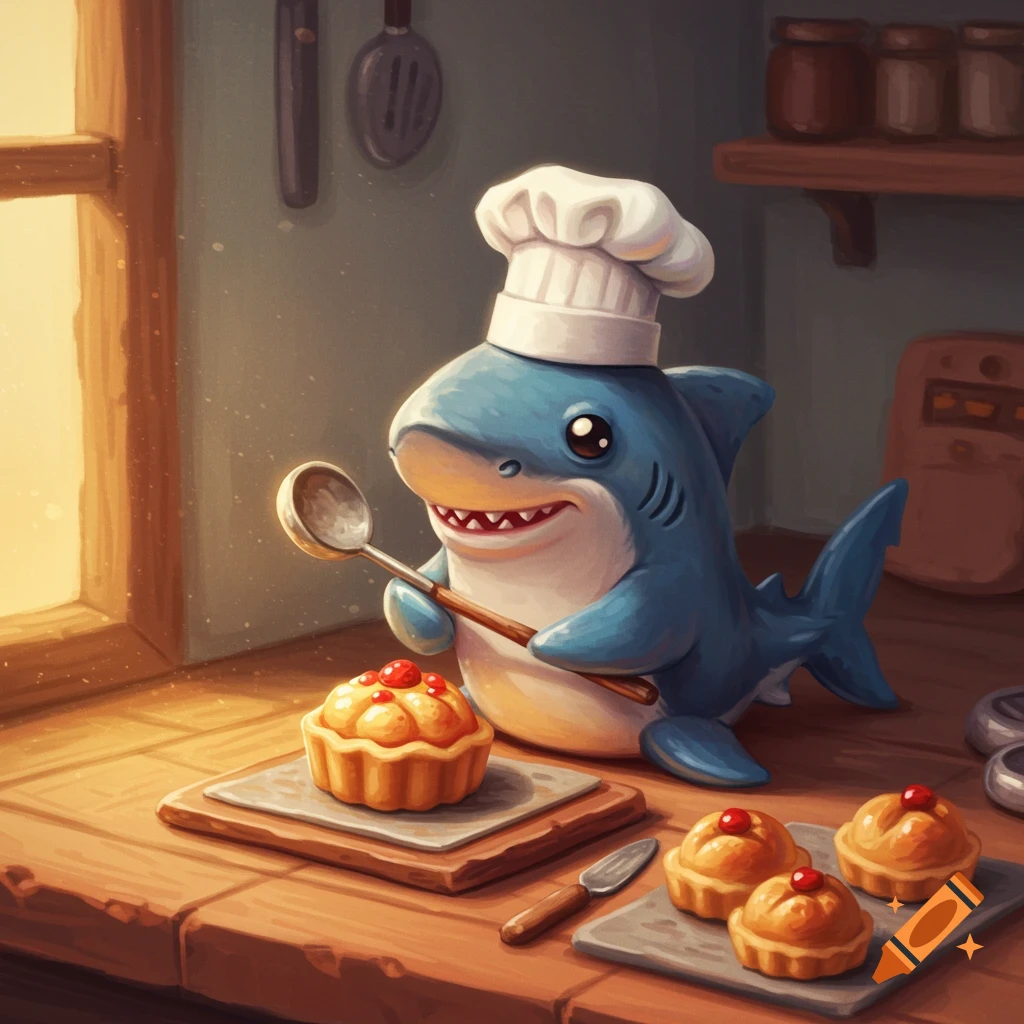 A cute cartoon shark in a chef hat holds a ladle over a pastry in a ...