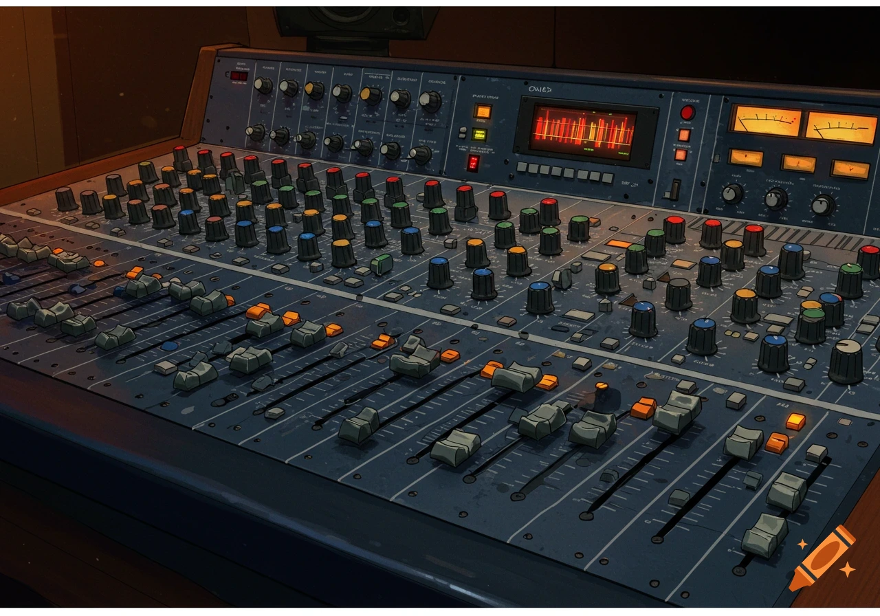 An illustrated close-up view of a large mixing console with numerous ...
