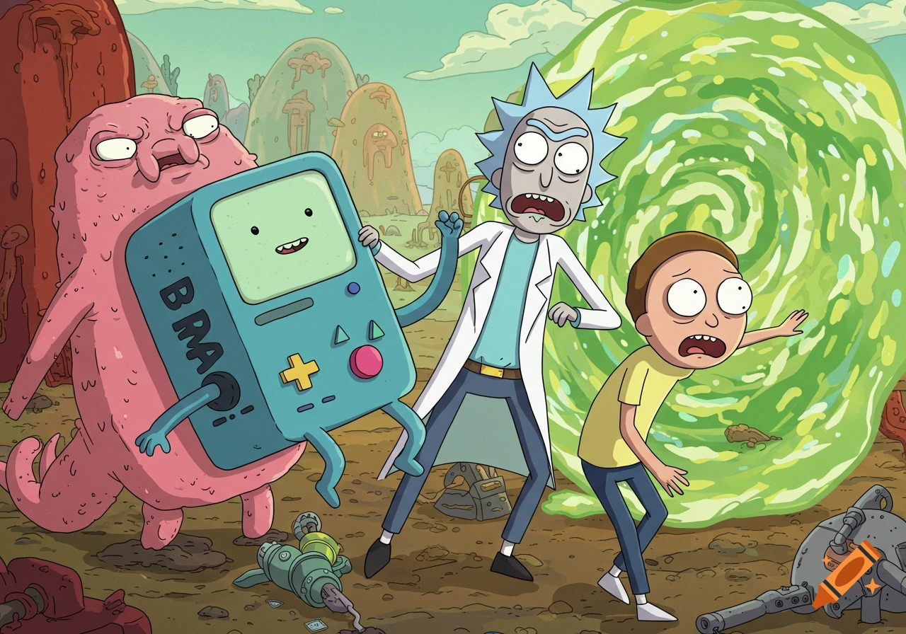 Cartoon of Rick and Morty with BMO and a pink alien standing near a ...