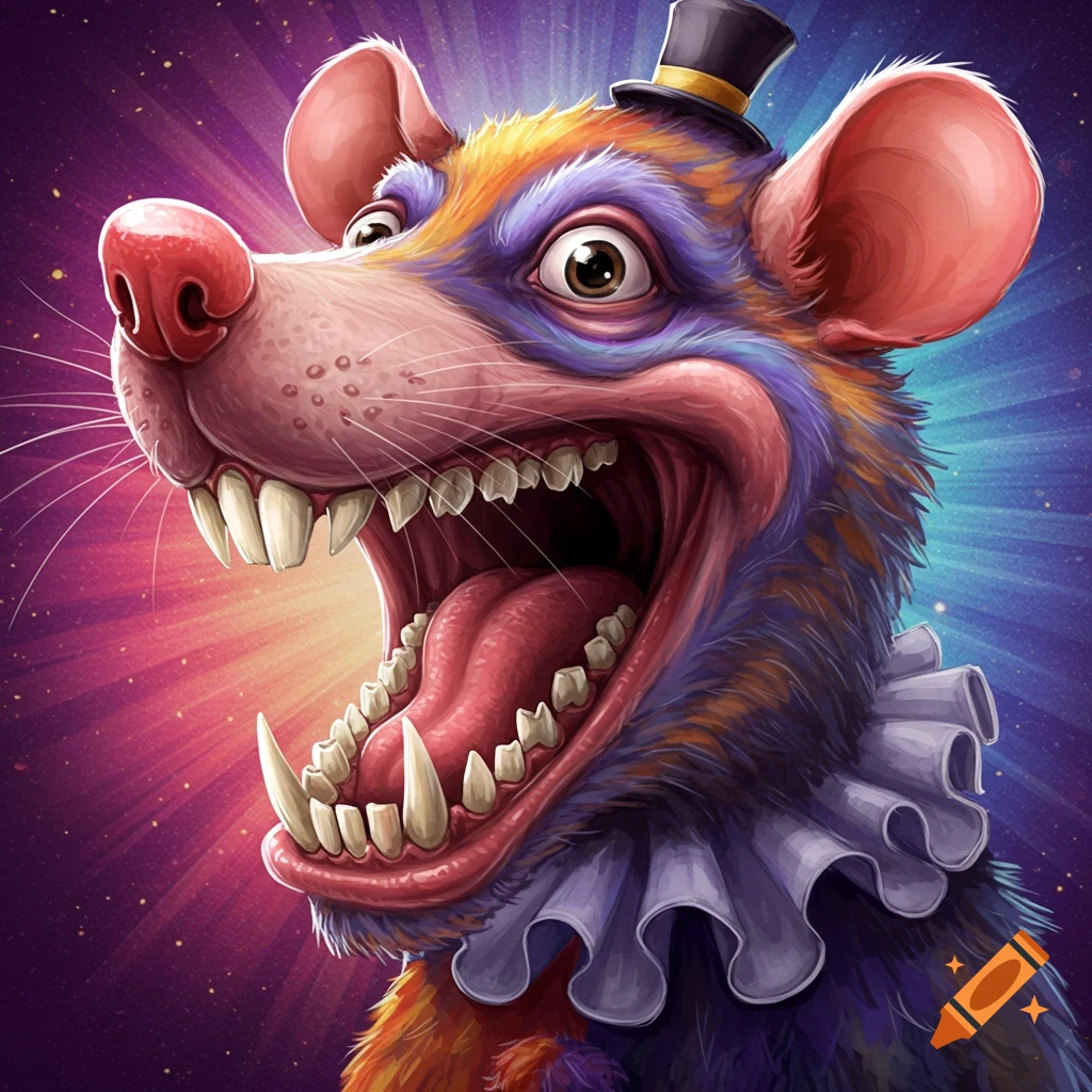 Colorful illustration of a grinning clown rat with a massive open mouth ...