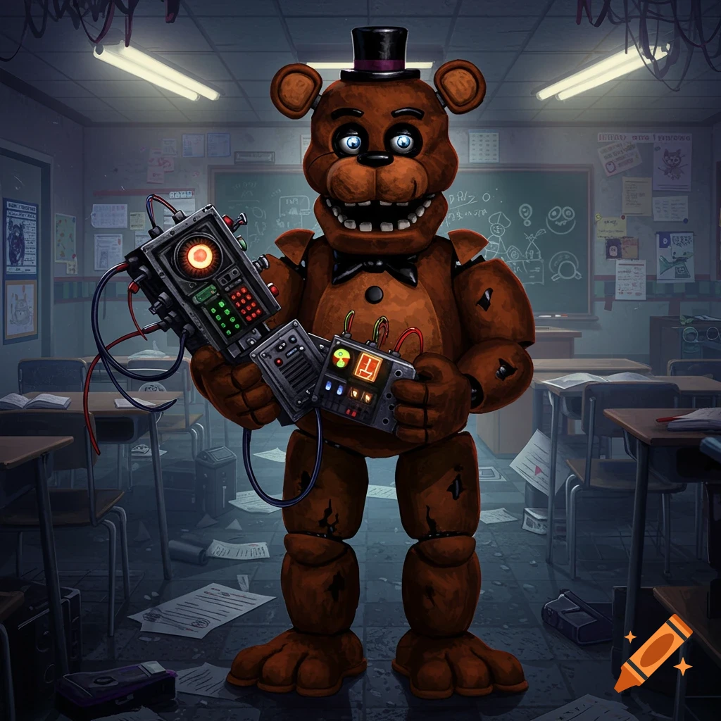 Freddy Fazbear holding electronic devices in a chaotic classroom. on ...