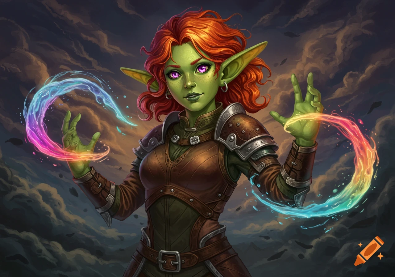 Portrait of a green-skinned female hobgoblin casting rainbow colored magic on Craiyon