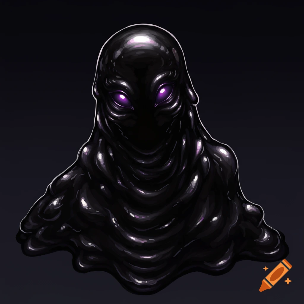 A glossy black goo monster with glowing dark purple eyes. on Craiyon