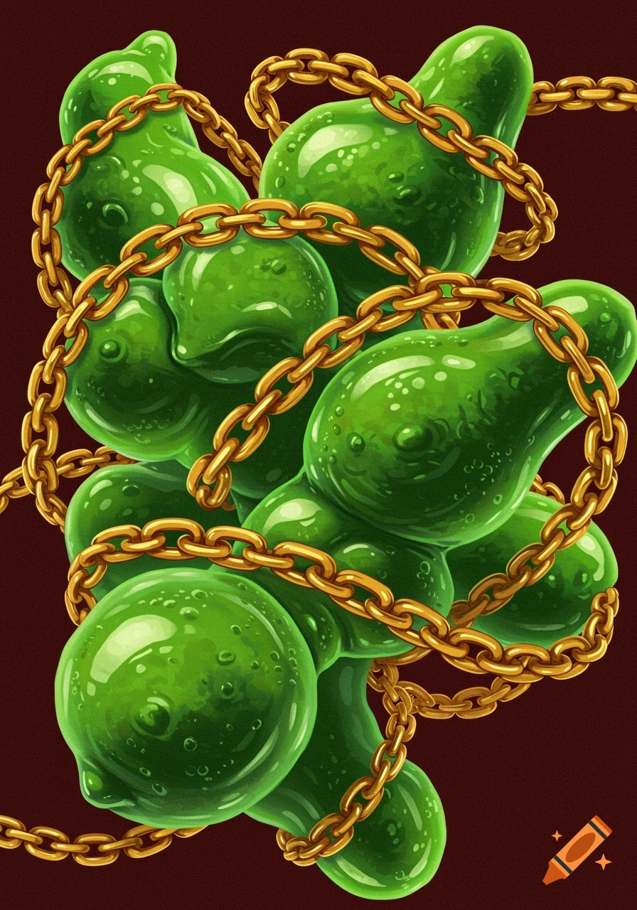 Illustrative close-up of green lumpy shapes intertwined with gold ...