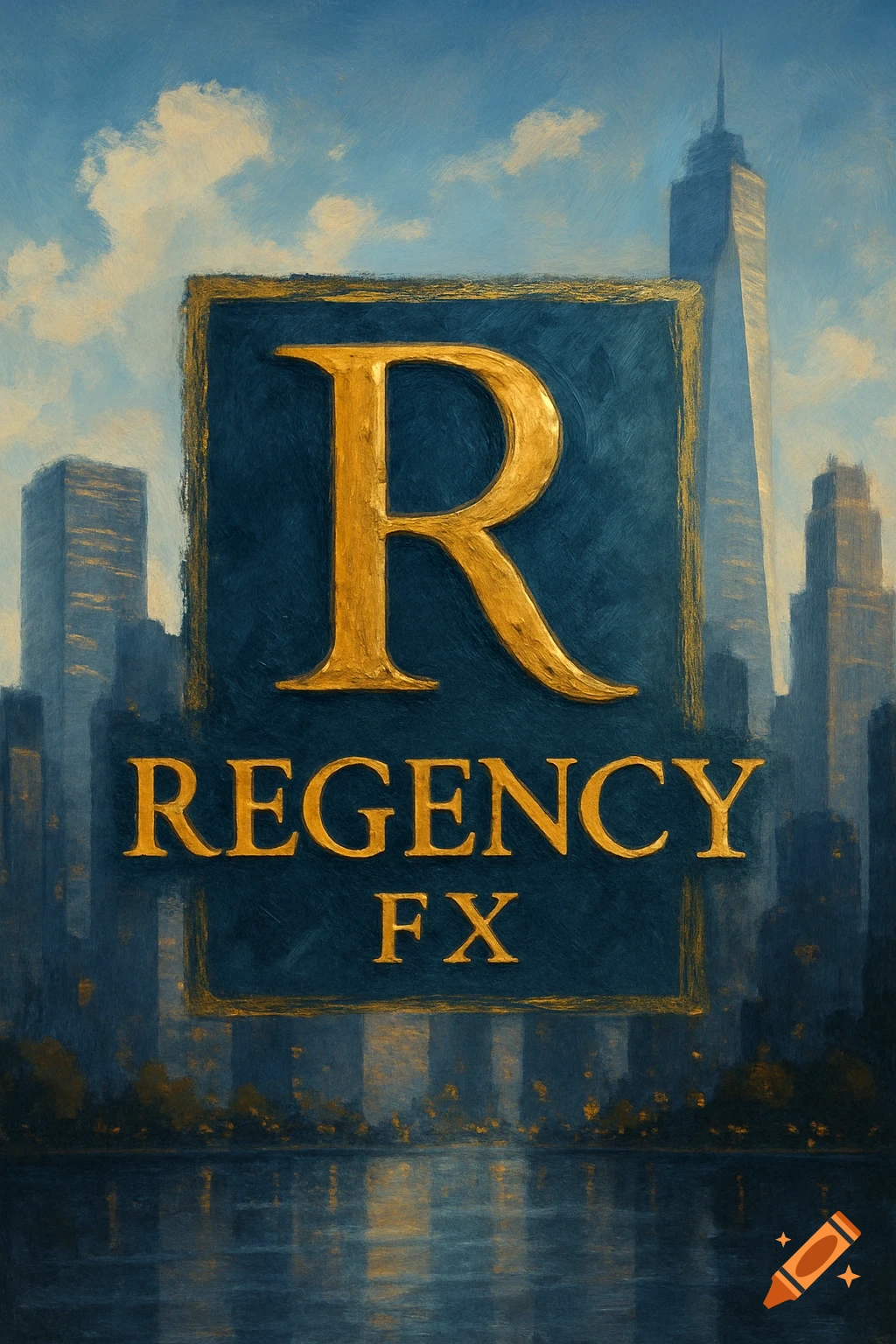 Golden R logo with 'REGENCY FX' over a painterly city skyline on Craiyon