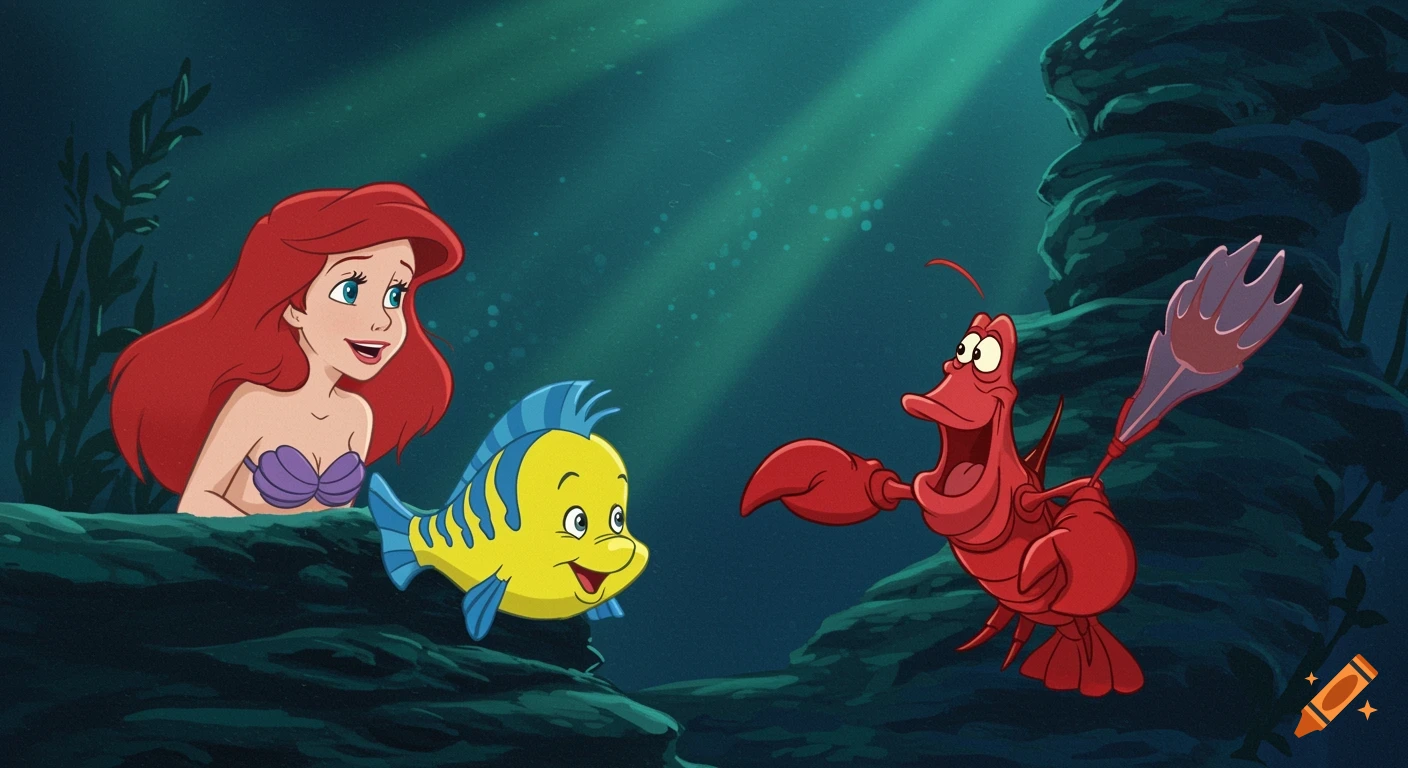 Ariel, Flounder, and Sebastian underwater in classic animation style ...