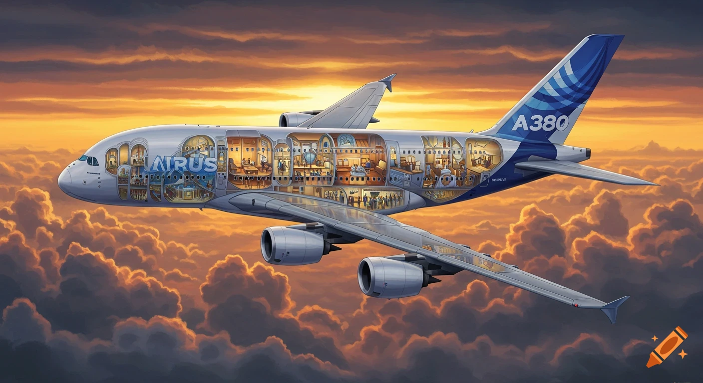 Cutaway illustration of an Airbus A380 flying through clouds at sunset ...