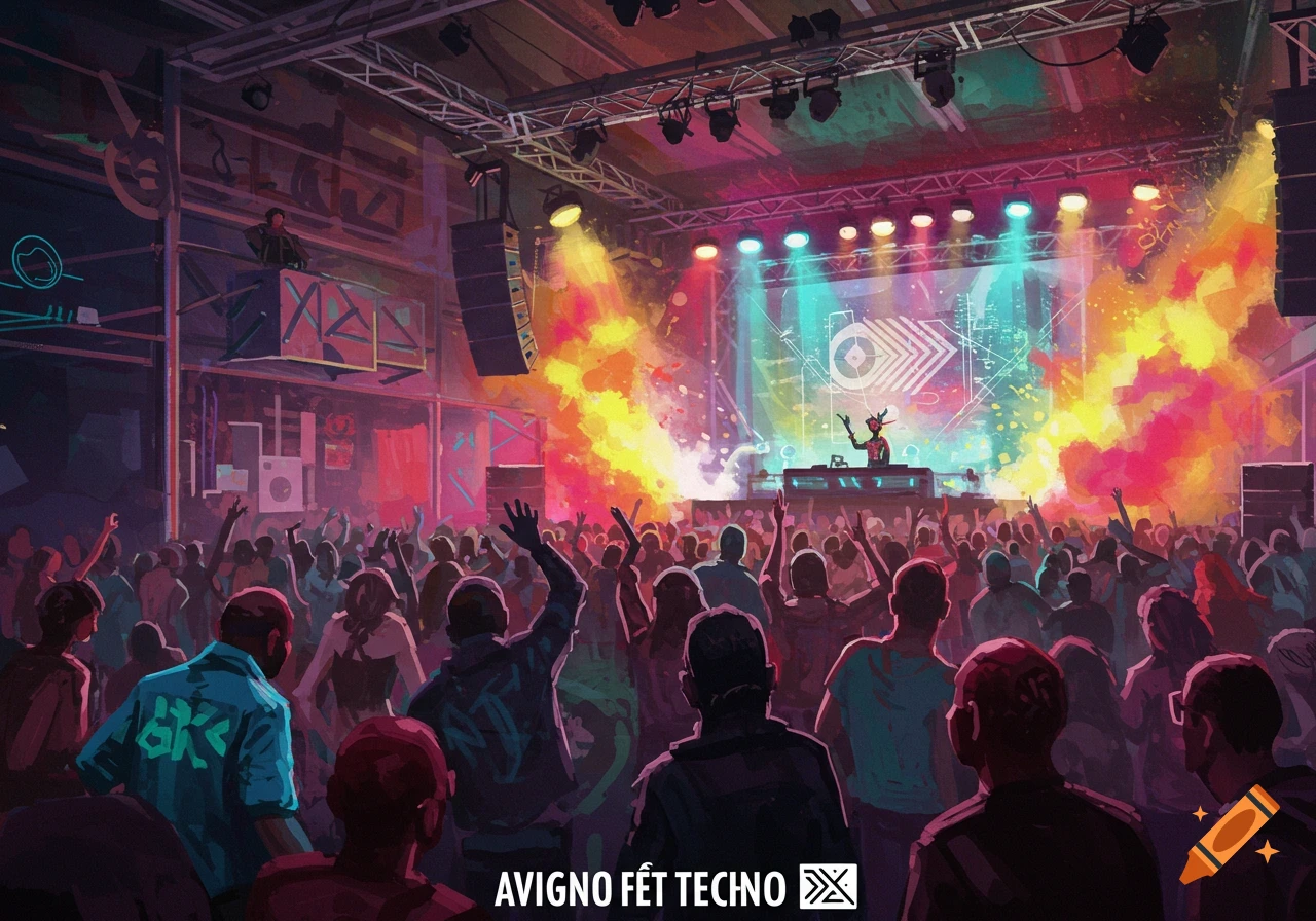 Crowd dancing at a techno rave with DJ on stage under colorful lights ...