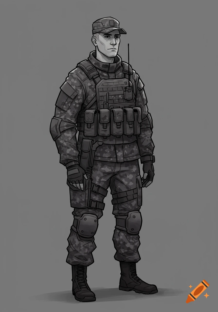 Drawing of a soldier in military uniform and tactical gear on Craiyon