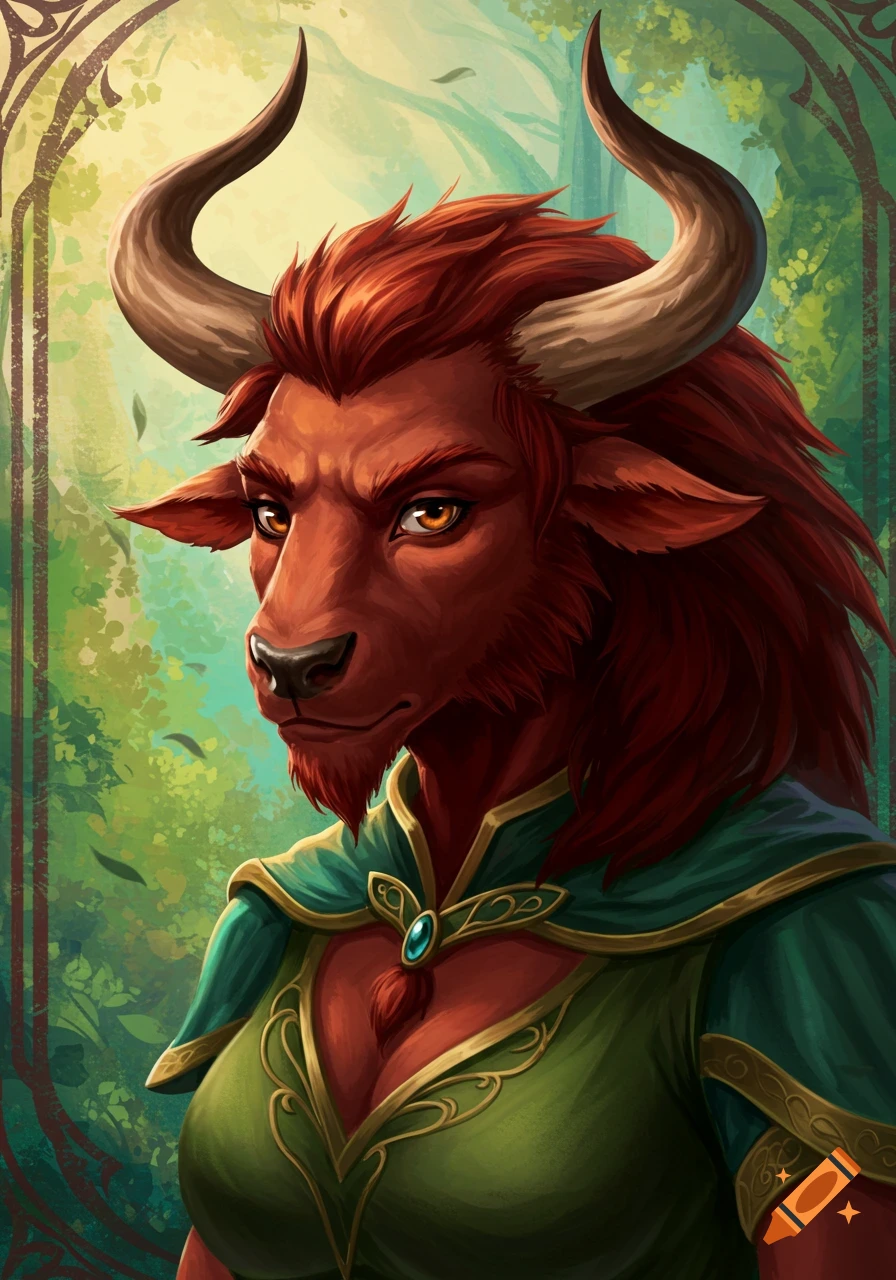 Portrait of a female minotaur character with red fur in green fantasy ...