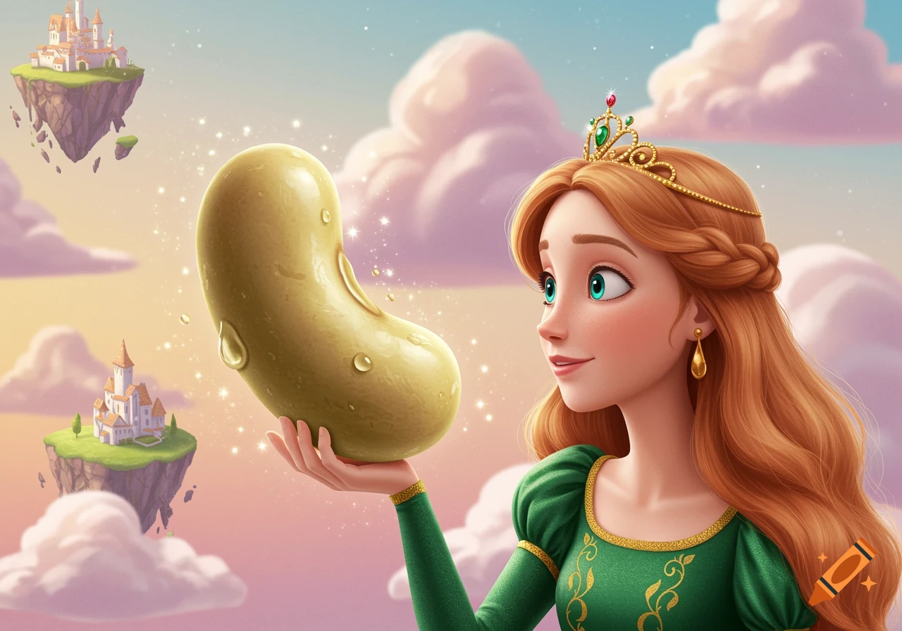 Cartoon princess holding a giant bean in a fantasy sky with floating ...