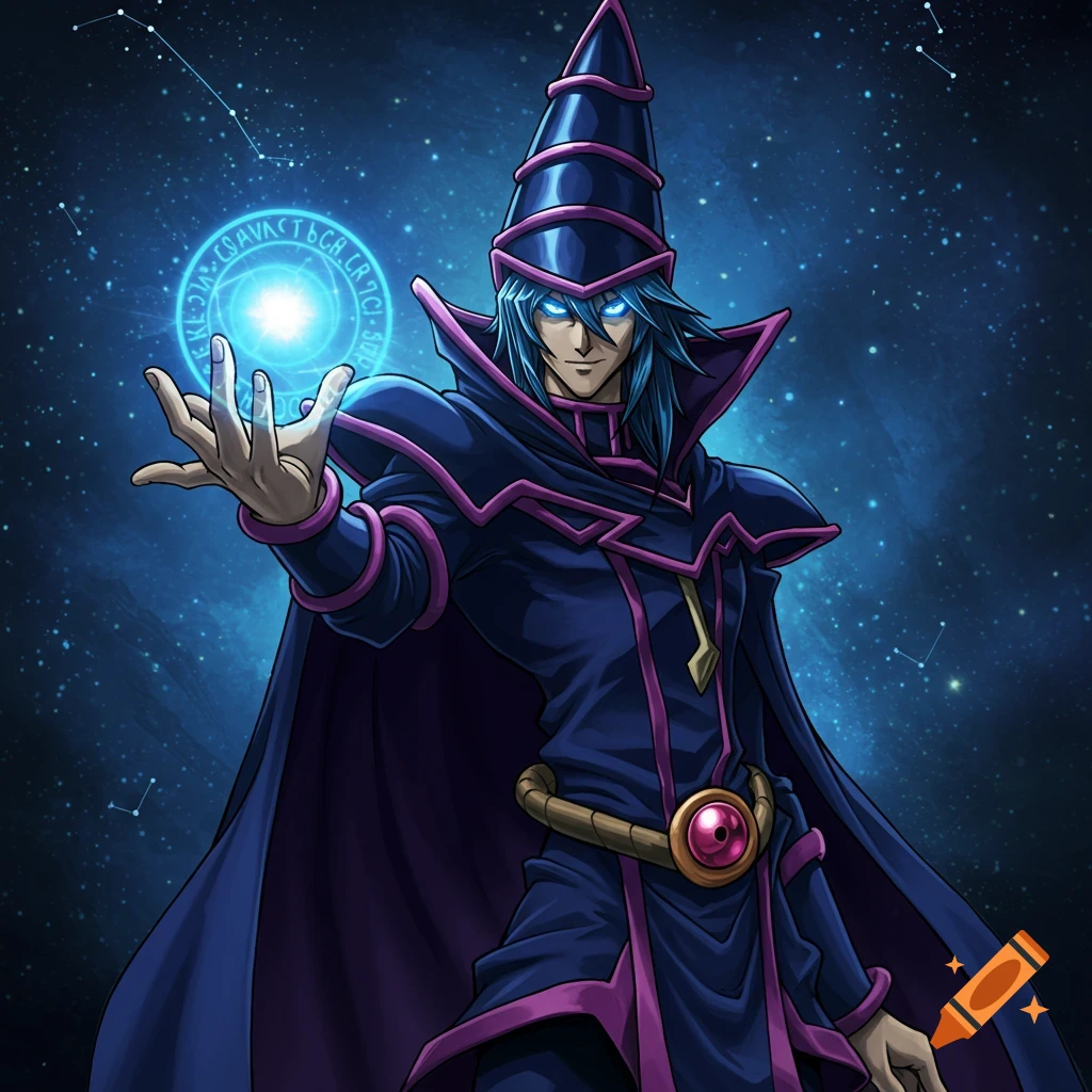 Anime character resembling Dark Magician casting a spell with a glowing ...