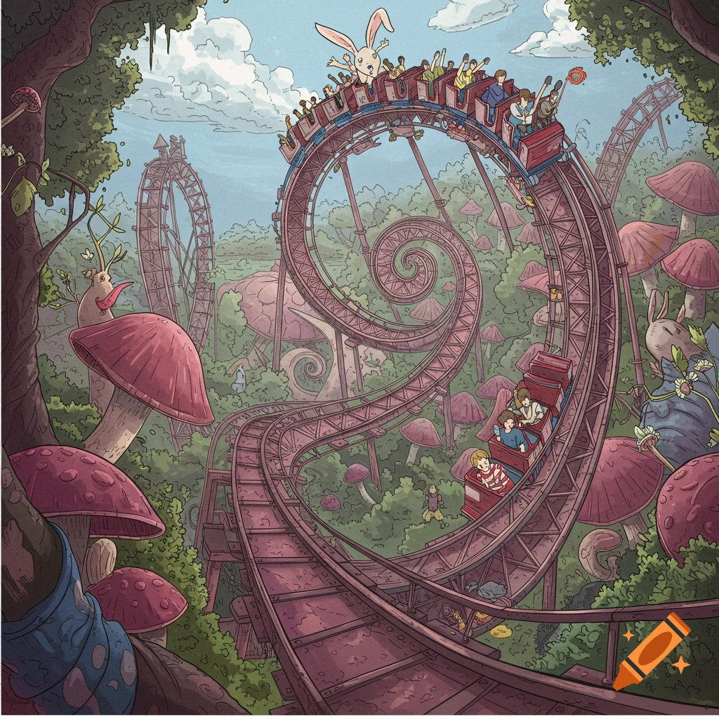 Illustration of a whimsical roller coaster winding through a forest ...