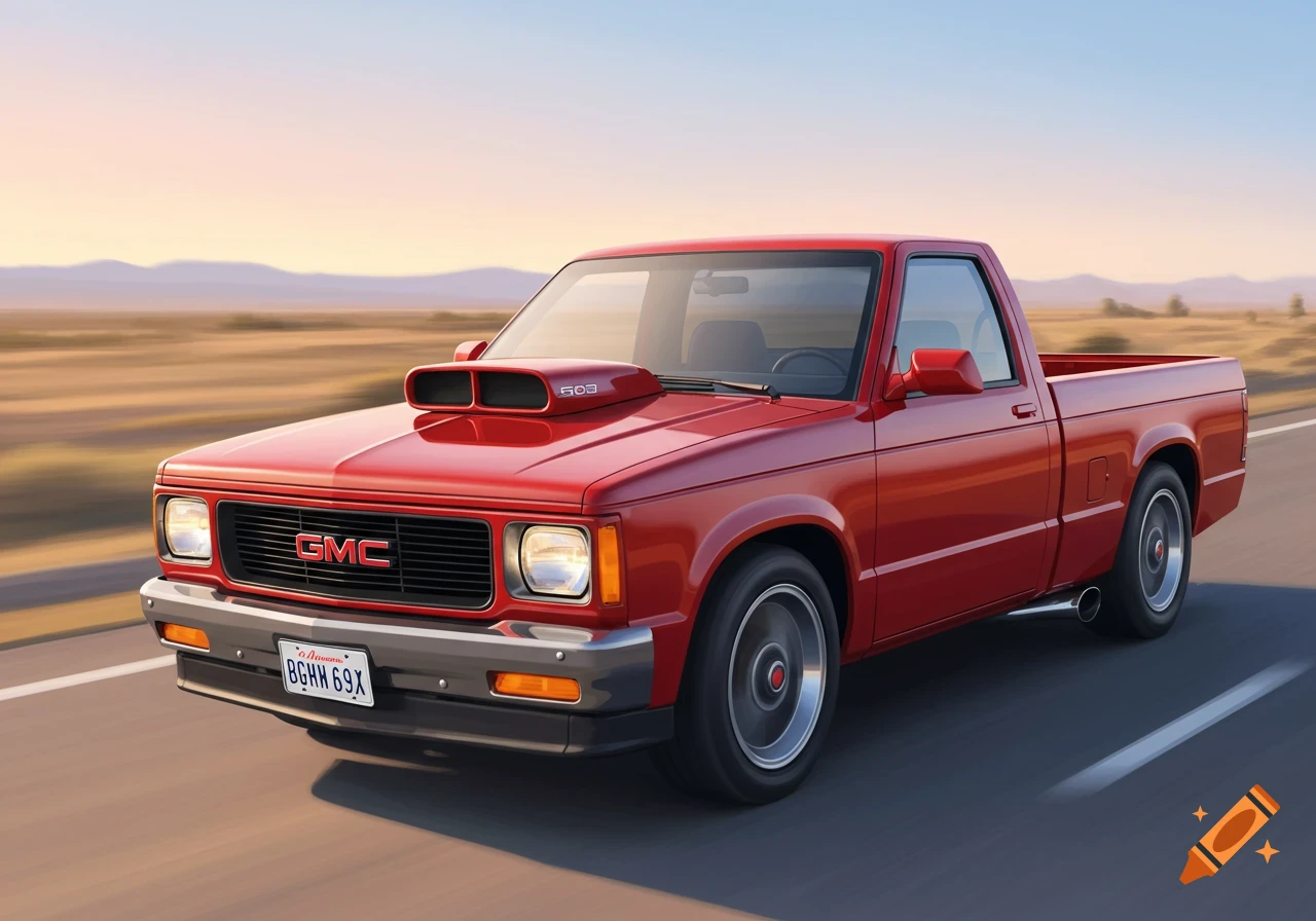 Red GMC-style pickup truck with a hood scoop driving on a road. on Craiyon