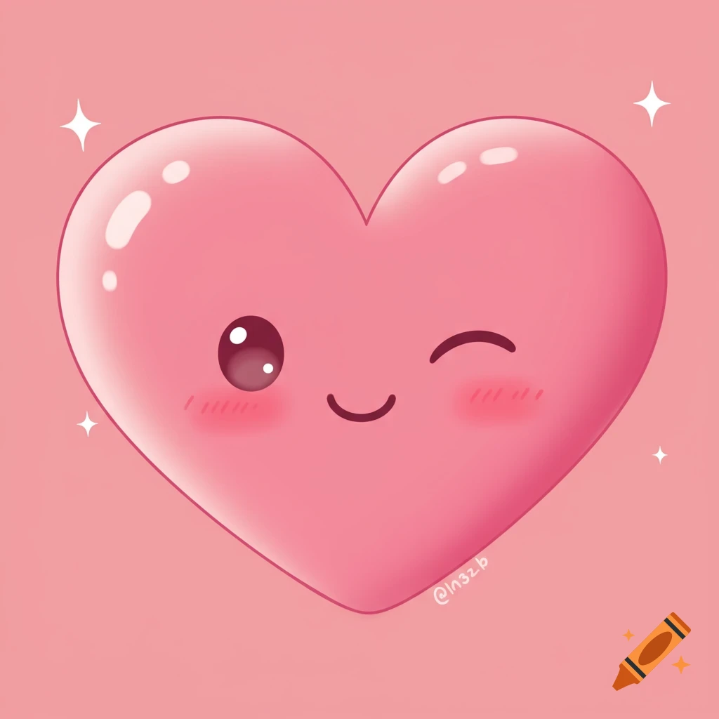 A cute light pink cartoon heart with a winking face, blushing cheeks ...