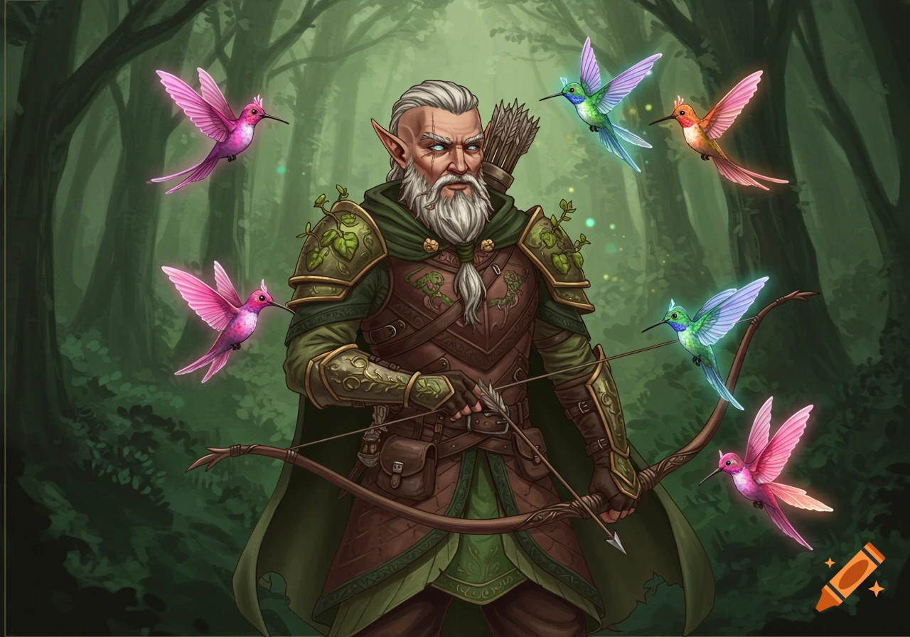 An old half-elf ranger in armor and with a bow stands in a forest ...